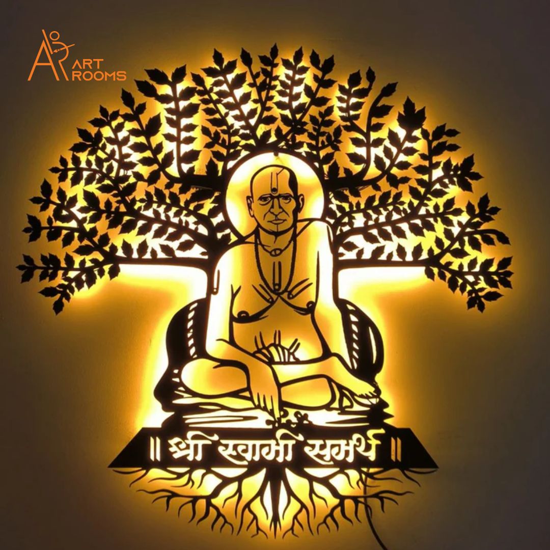 Artrooms Swami Samarth With Tree Metal Wall Art With Light – Artrooms.in